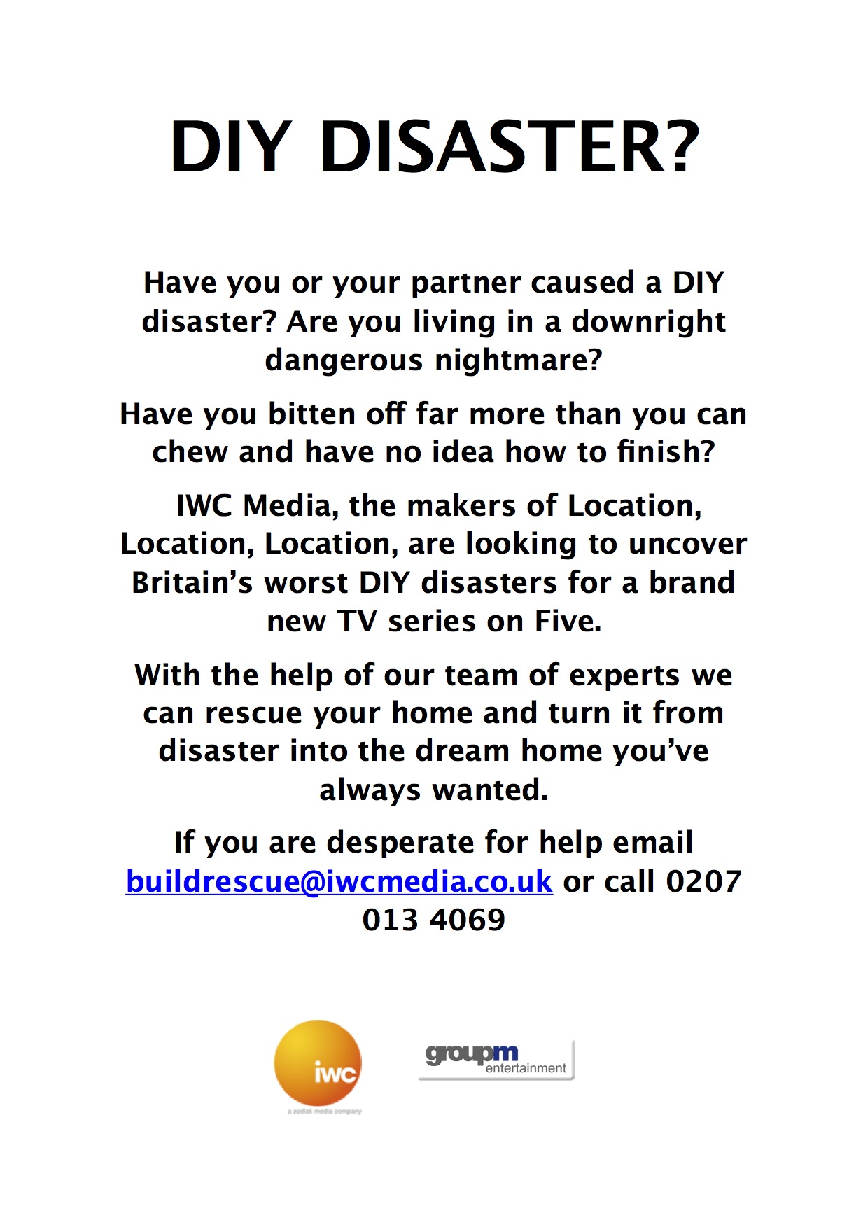 Urgent – DIY Disaster Homes required for prime time TV show!!